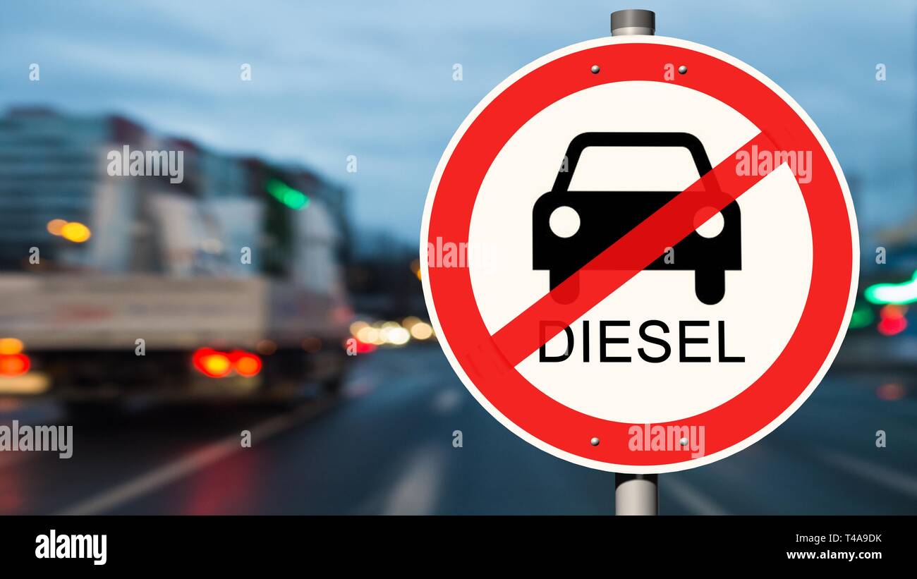Street Sign diesel driving ban, cars on the street in the background ...