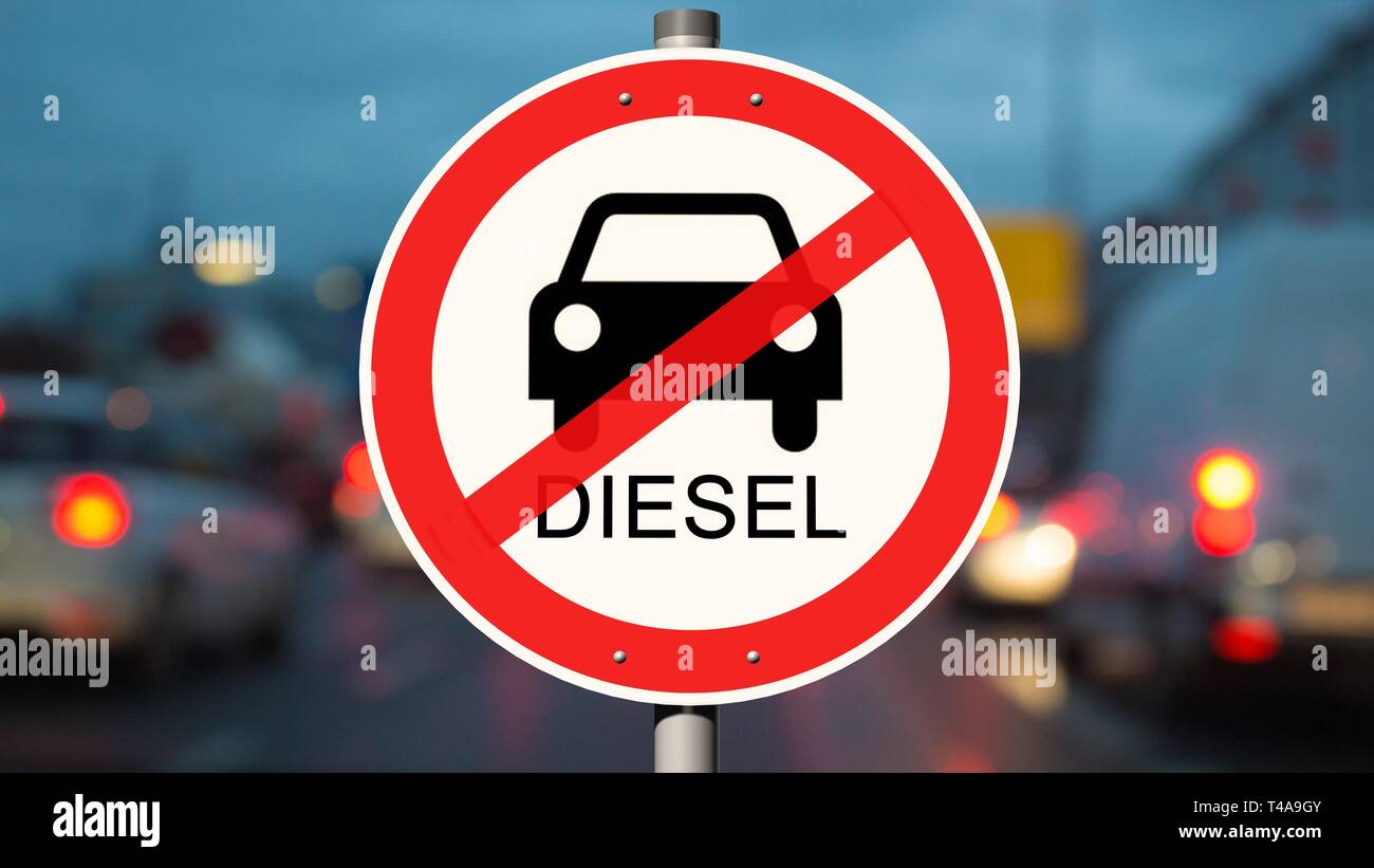 Street Sign diesel driving ban, cars on the street in the background ...