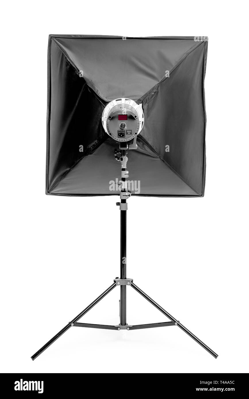 studio equipment flash with a square soft box on the rack on a white ...