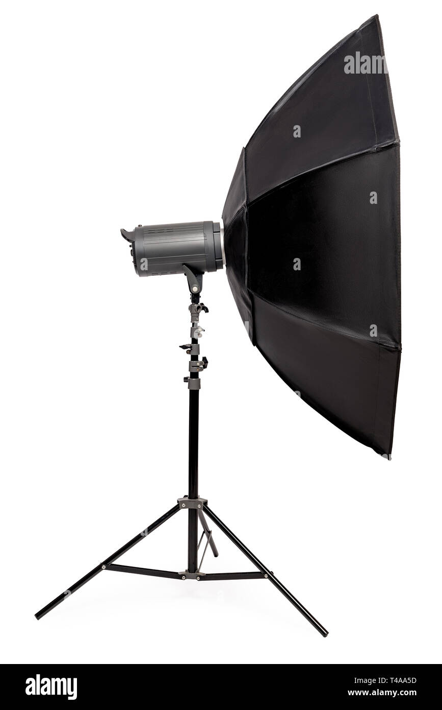 side view flash with octagonal softbox on stand, studio equipment close ...