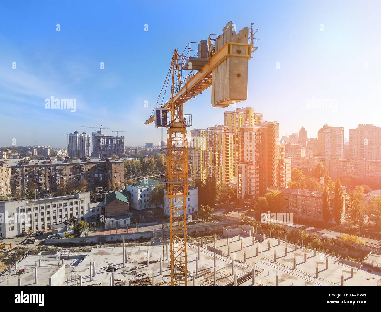 Heavy high tower crane view at skyscraper conctruction site. Industrial ...