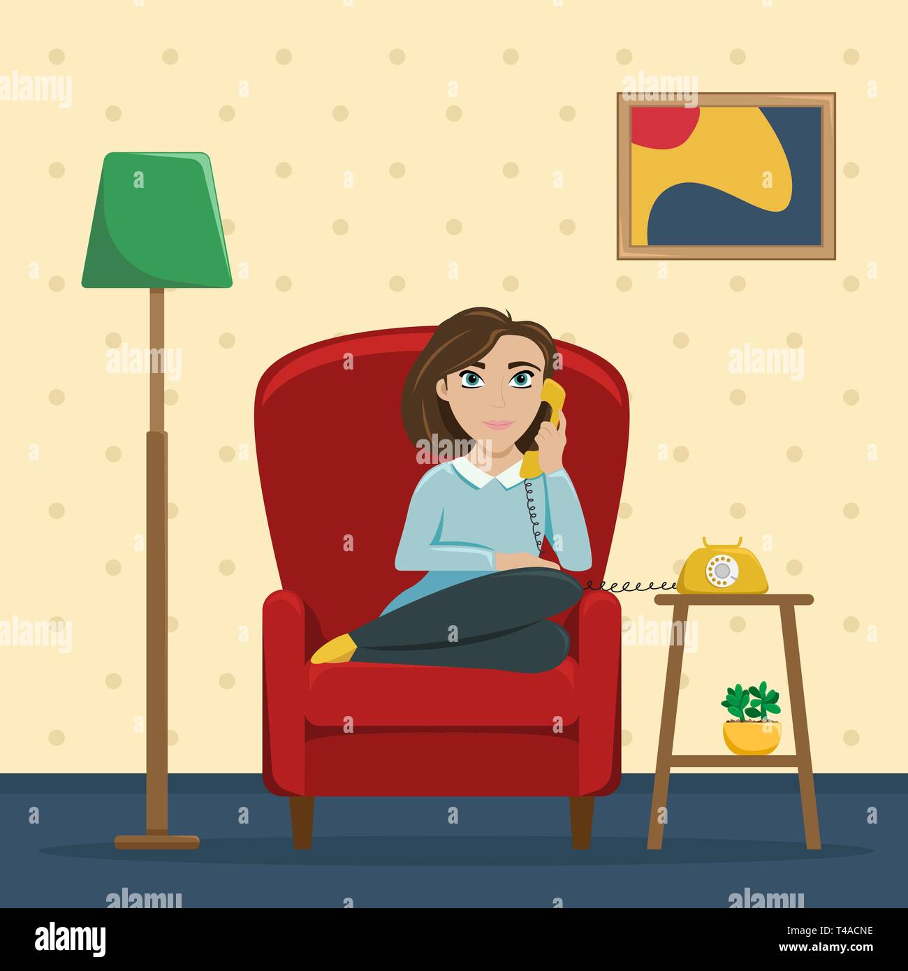 A woman sitting in a chair at home talking on the phone. Cozy ...