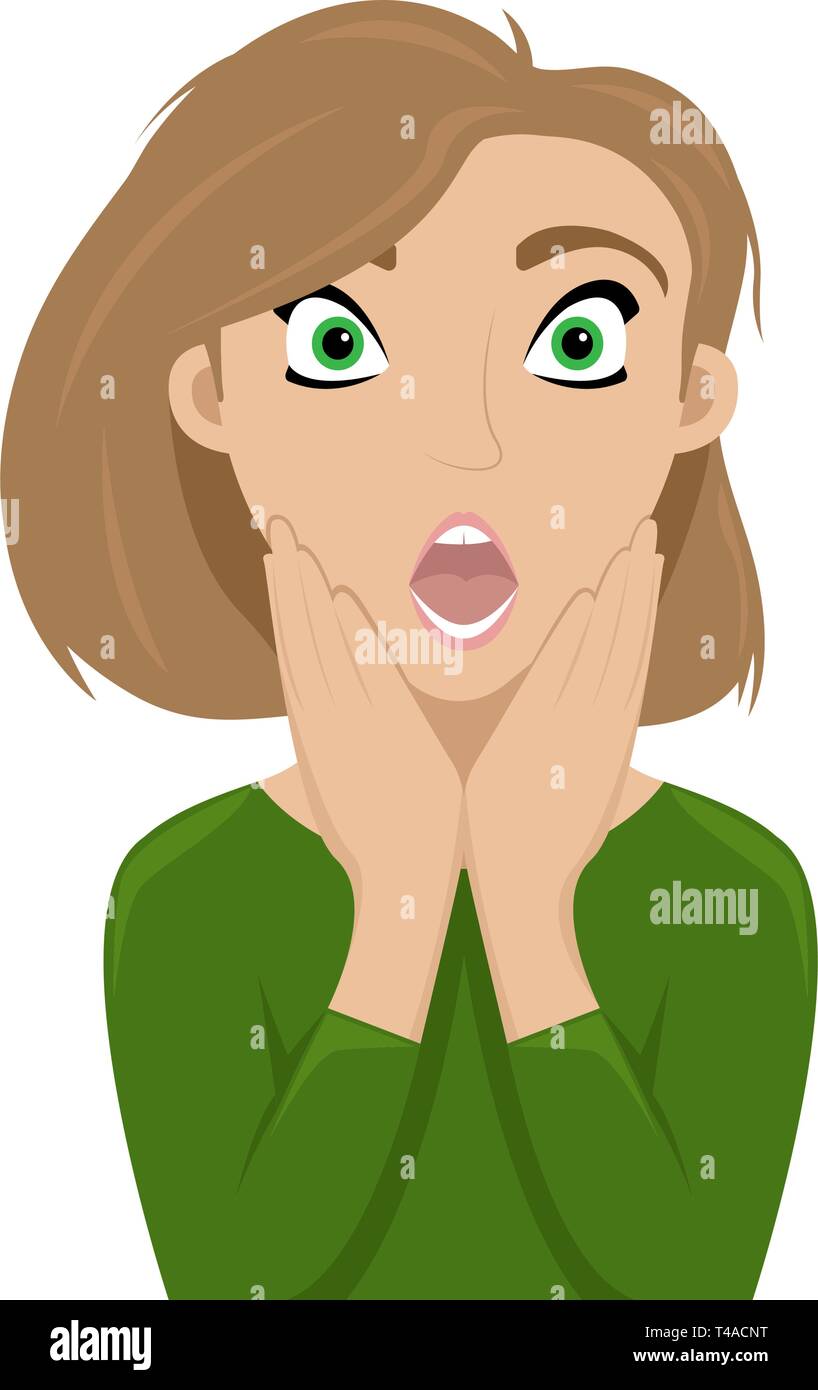 Surprised girl with hands in her face. Shock. Flat vector illustration ...
