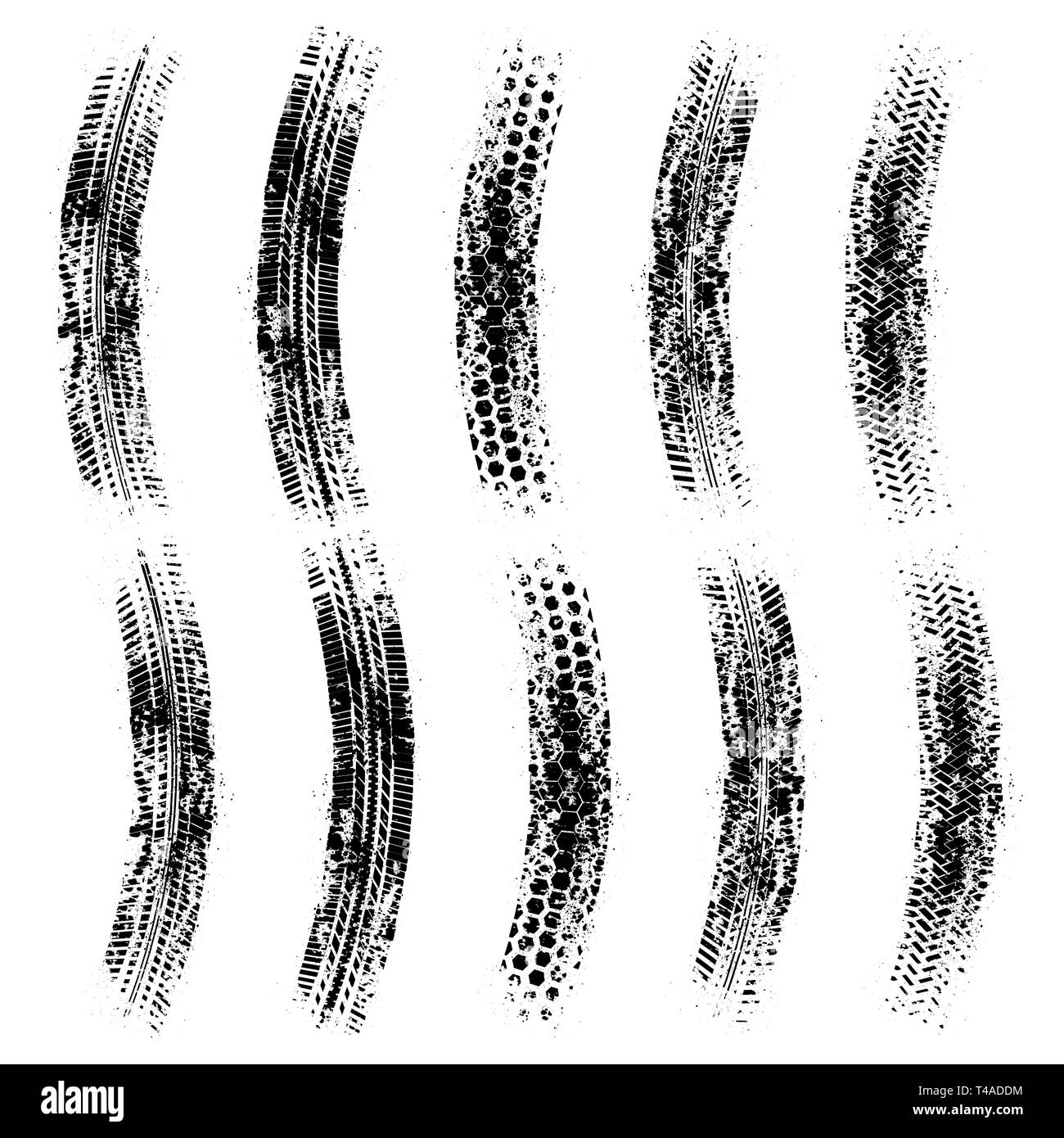 Set of five different black grunge tire tracks isolated on white ...