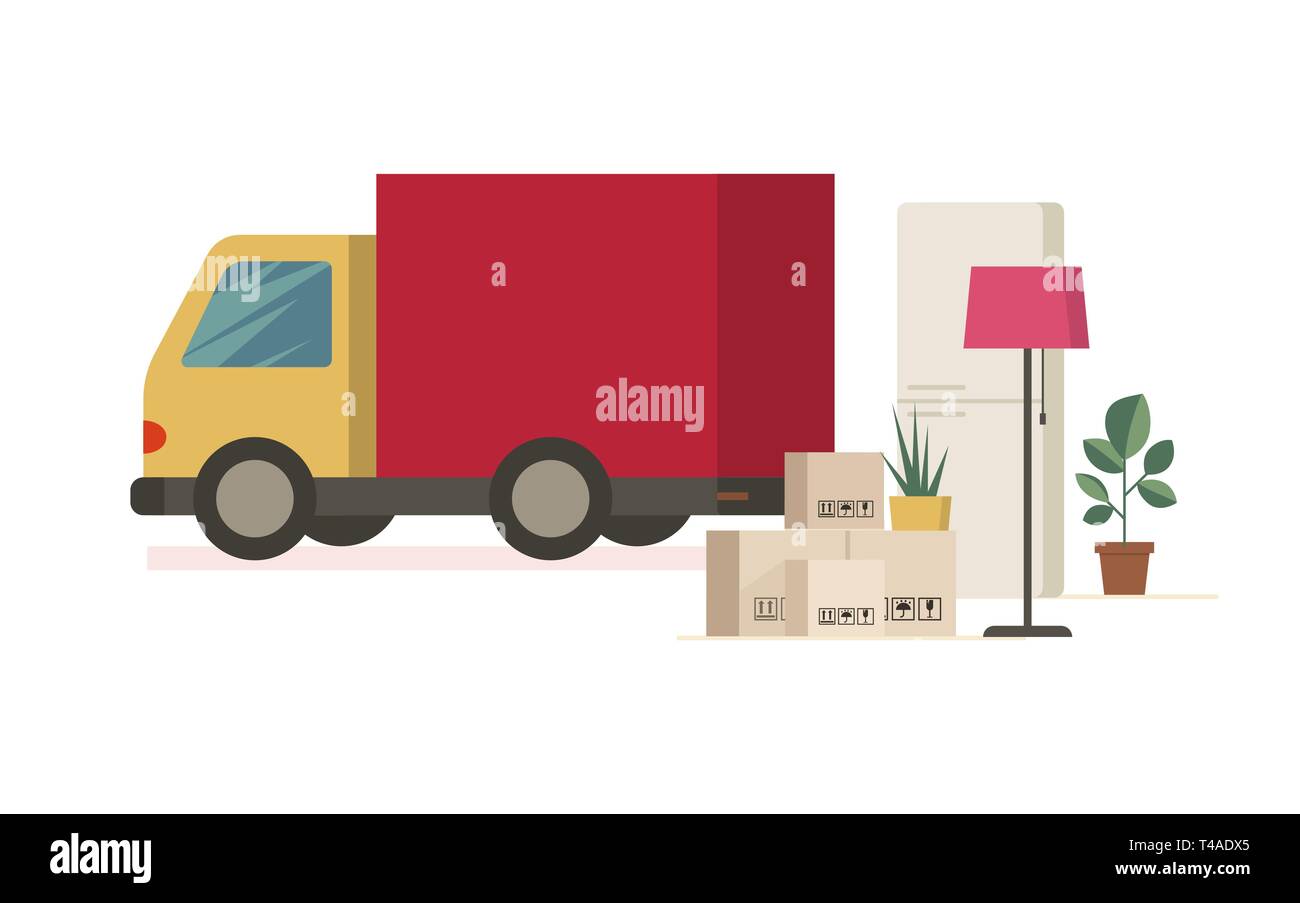 Moving truck and moving boxes outdoors. Flat removal concept. Vector ...