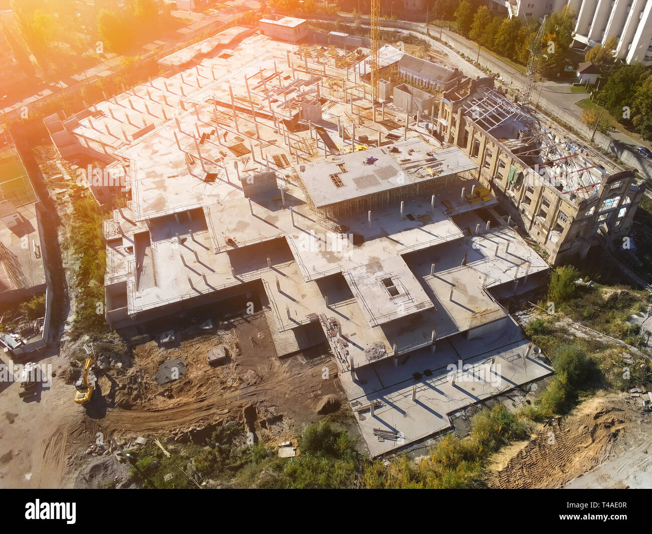 Construction site aerial view. Mall building base with solid concrete ...