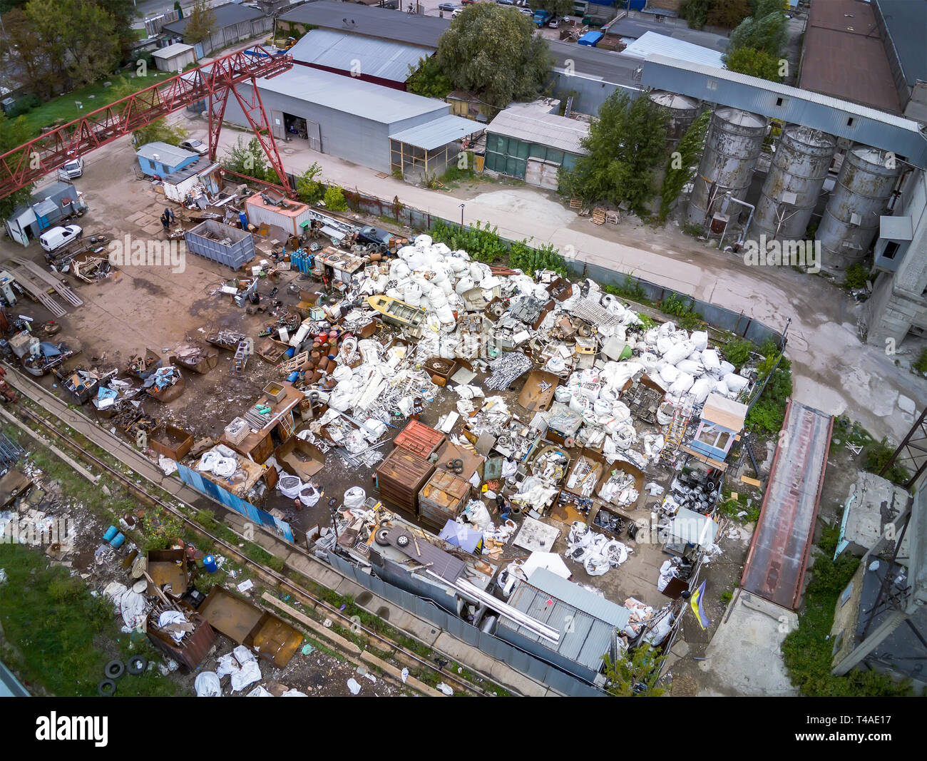 Scrap metal junkyard area aerial view. Reception and storage metal ...