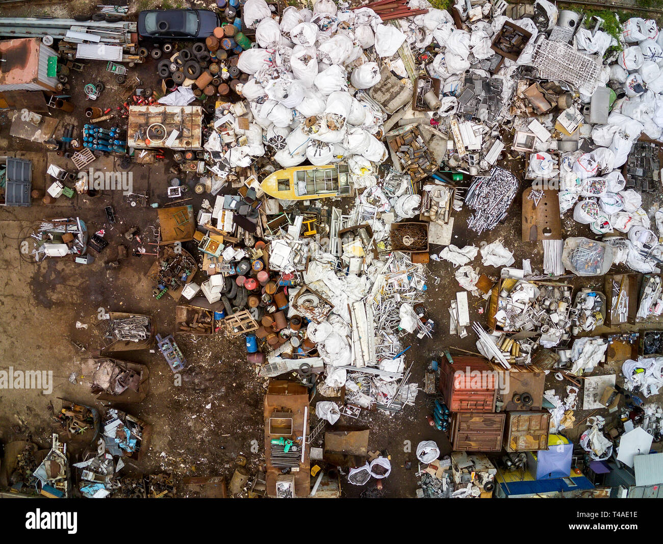 Scrap metal junkyard area aerial view. Reception and storage metal ...