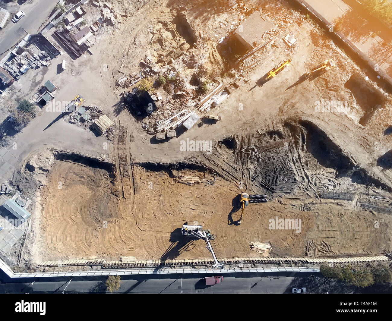 Construction site aerial view. Mall building base with solid concrete ...