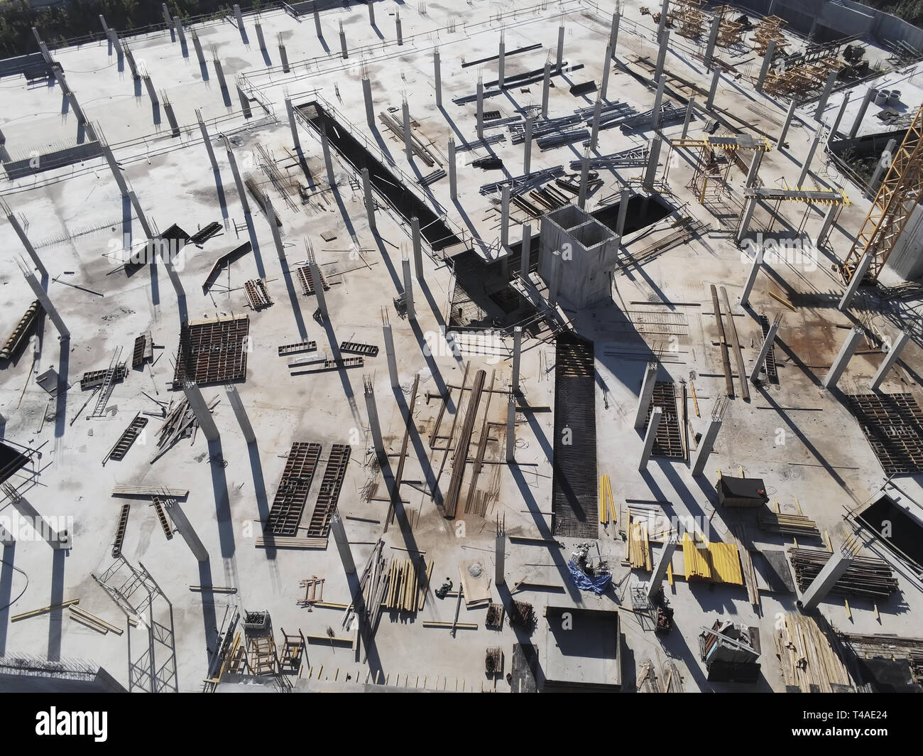 Construction site aerial view. Mall building base with solid concrete ...