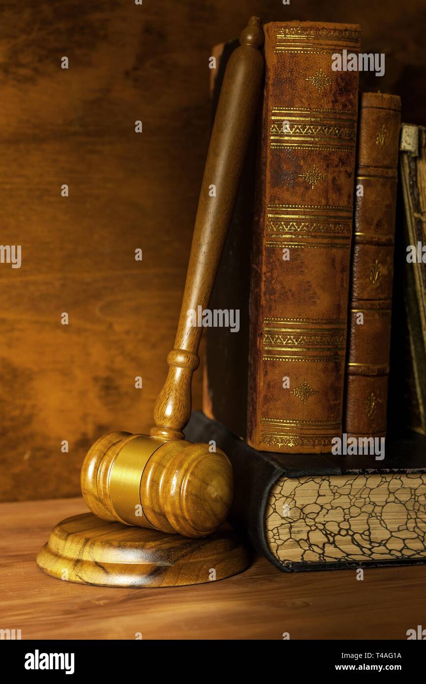 Wooden judge gavel, close-up view. Judge's gavel on table. Law and ...