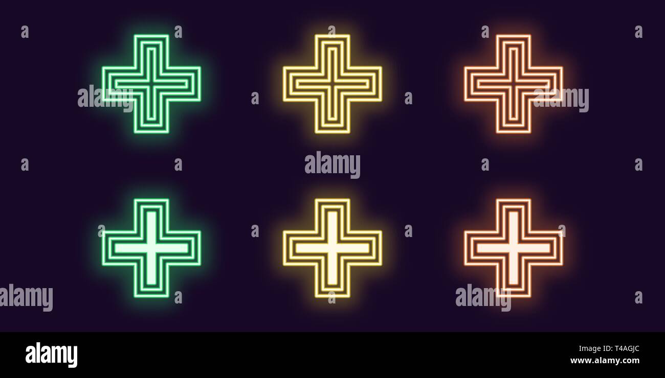 Neon icon set of Medical Cross. Vector illustration of glowing Neon ...