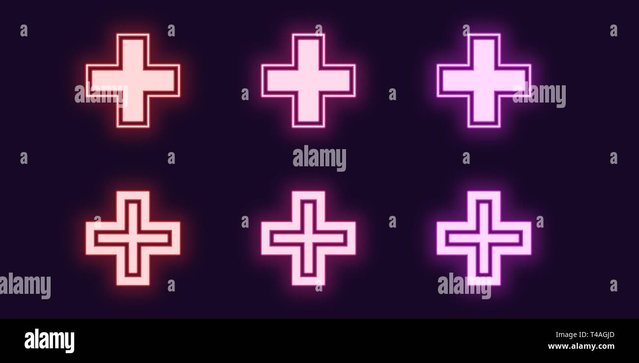 Neon icon set of Medical Cross. Vector illustration of glowing Neon ...