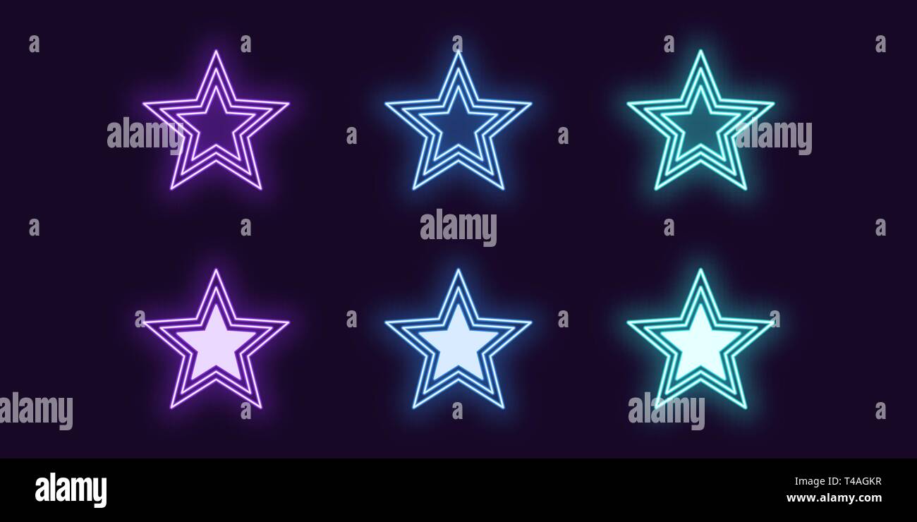 Neon icon set of glowing Star. Vector illustration of glowing Neon star ...