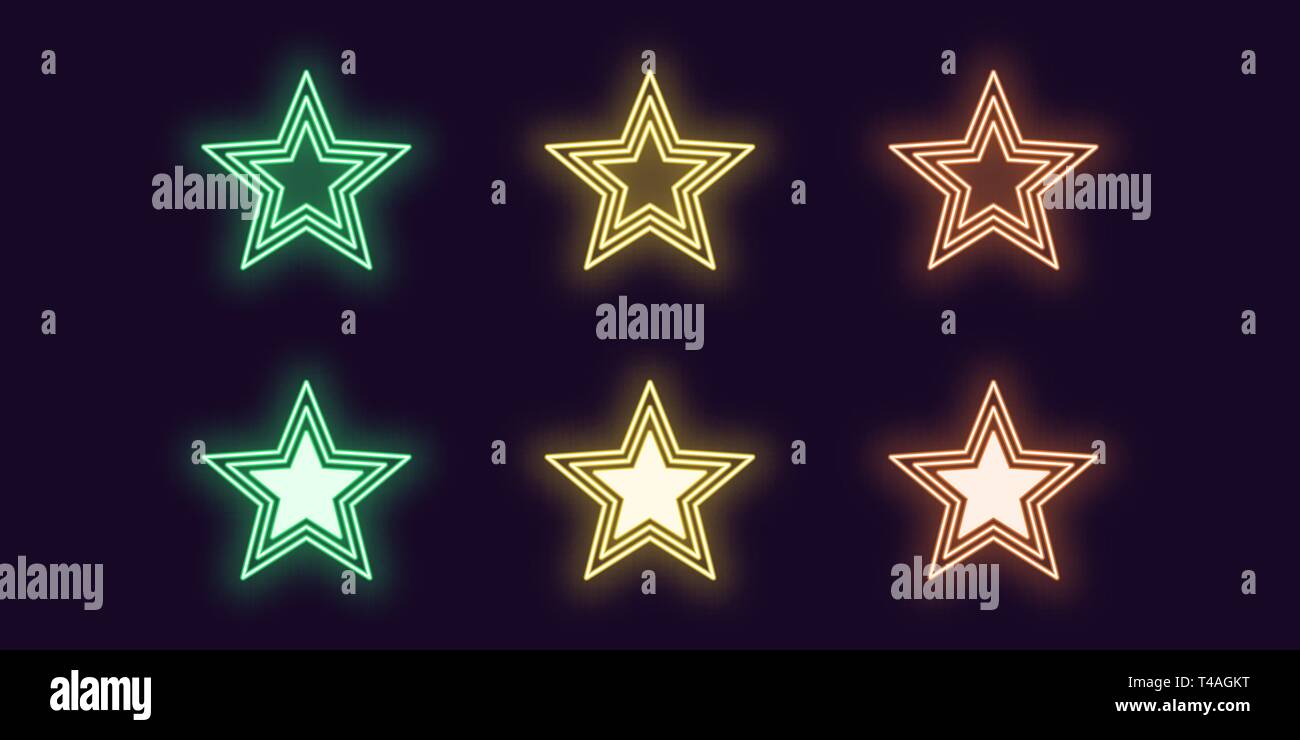 Neon icon set of glowing Star. Vector illustration of glowing Neon star ...