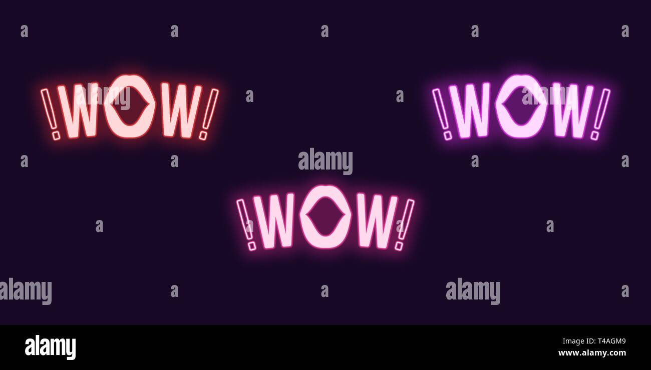 Neon icon set of Wow phrase. Vector illustration of glowing Neon text ...