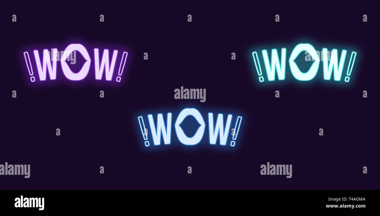 Neon icon set of Wow phrase. Vector illustration of glowing Neon text ...