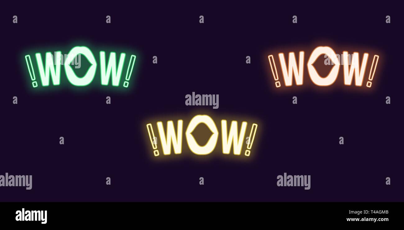 Neon icon set of Wow phrase. Vector illustration of glowing Neon text ...