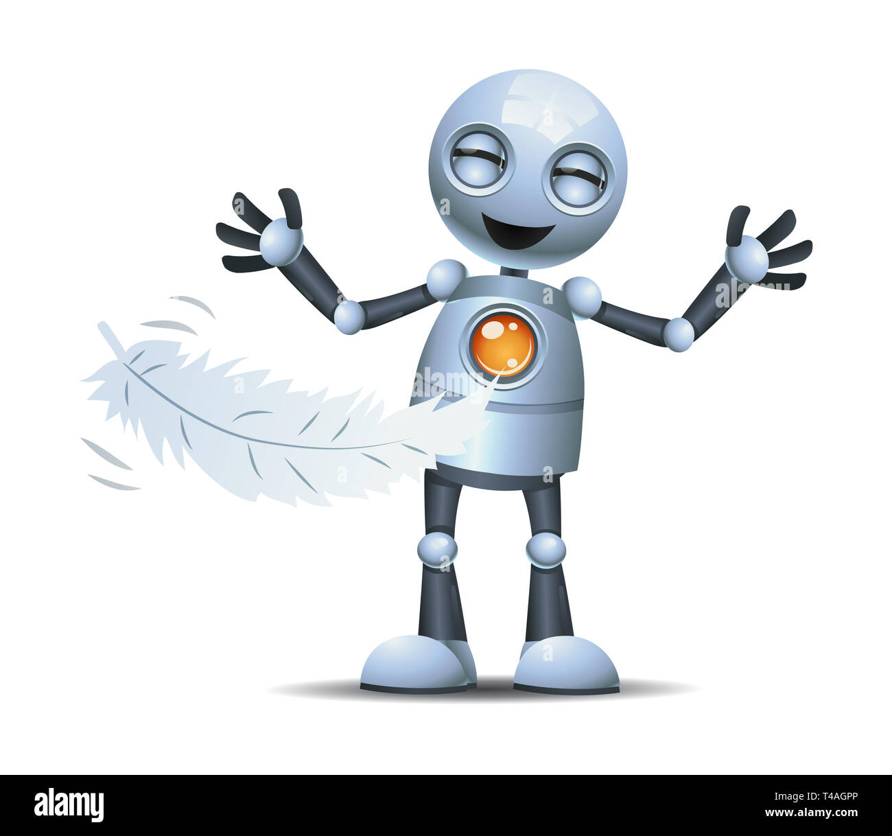 illustration of a little robot laughing tickled using feather on ...