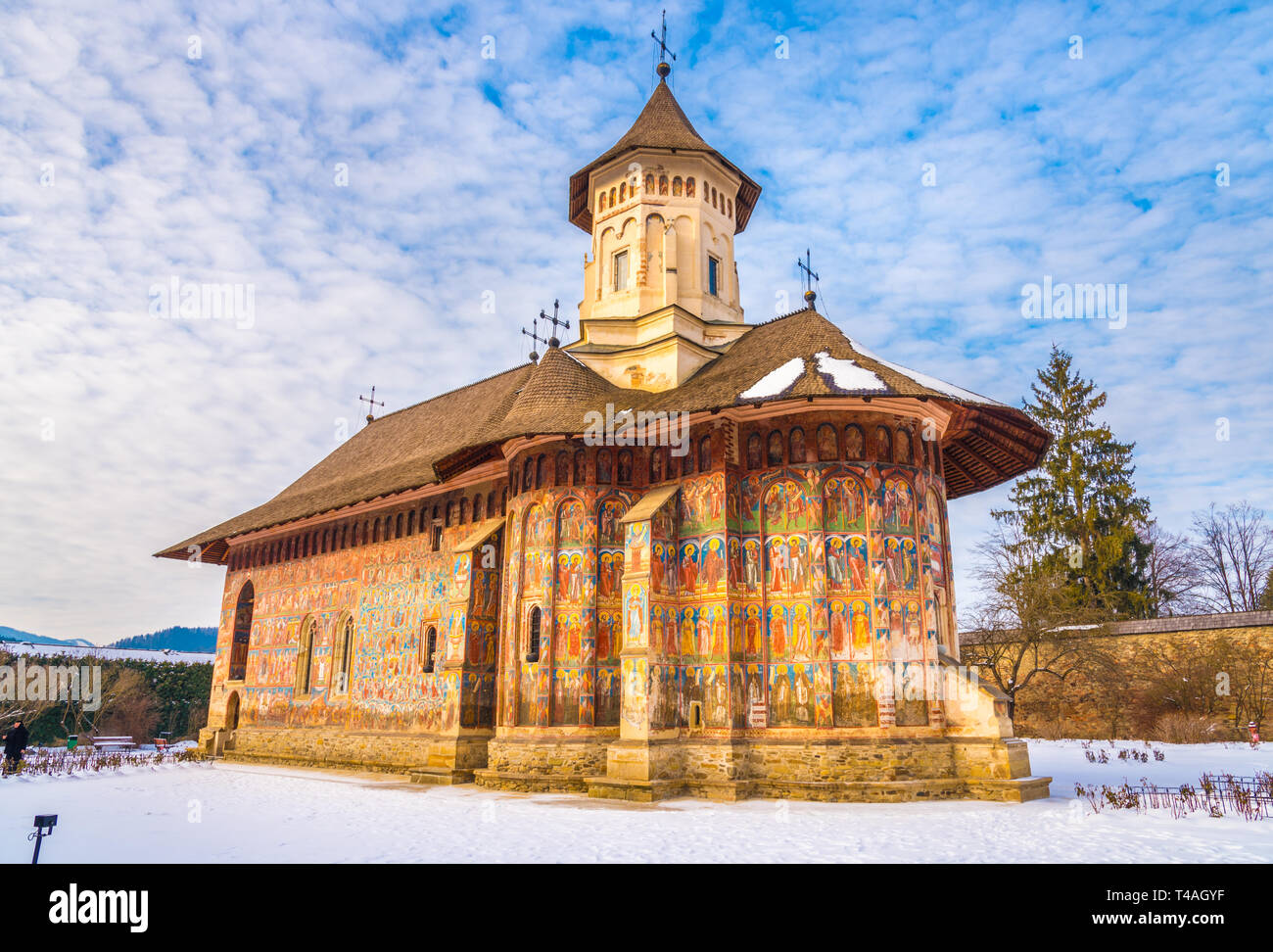 Moldovita orthodox church monastery in winter season, Moldavia ...
