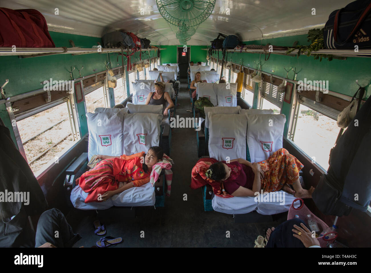Interior of First-Class carriage on Myanma Railways train, Myanmar ...