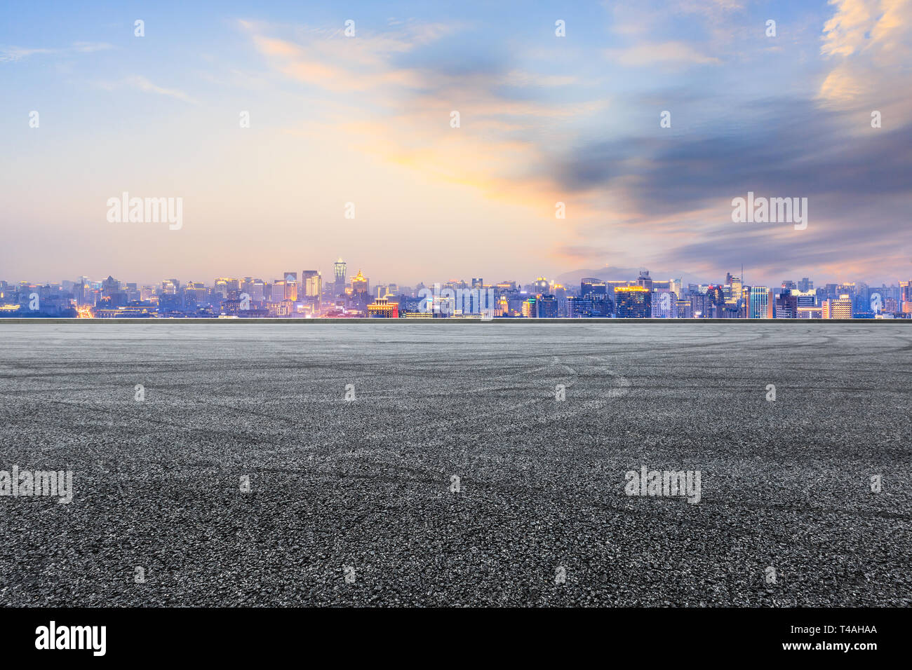 Asphalt race track ground and beautiful city scenery in Hangzhou at ...