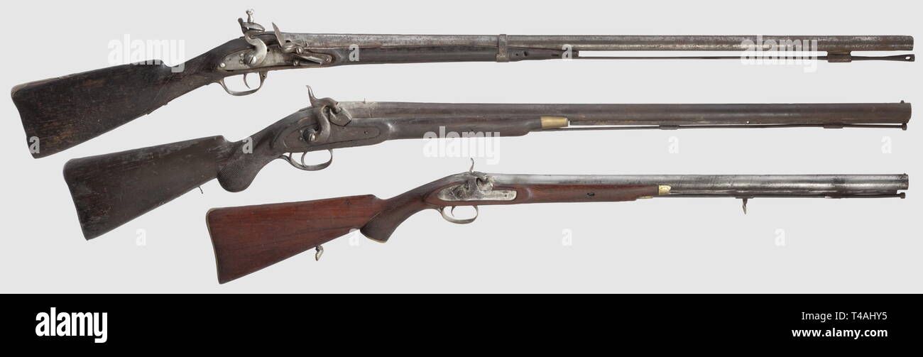 Civil long arms, flintlock and caplock, three rifles, first half 19th ...