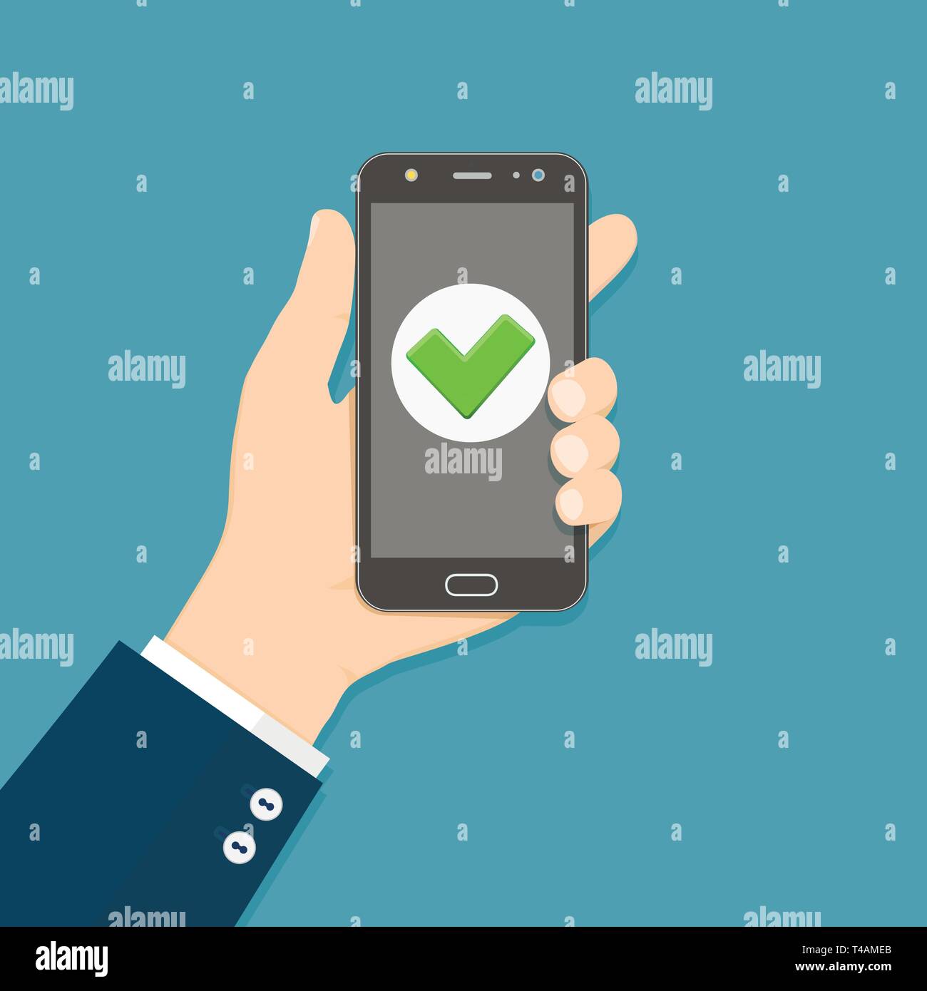 Flat design style human hand holding smartphone with green check mark ...