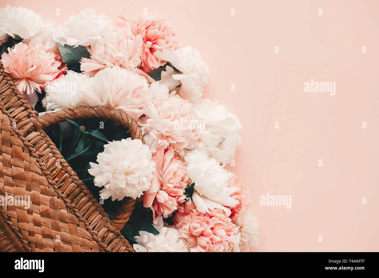 Happy mothers day. Greeting card mockup. Stylish straw rustic basket ...