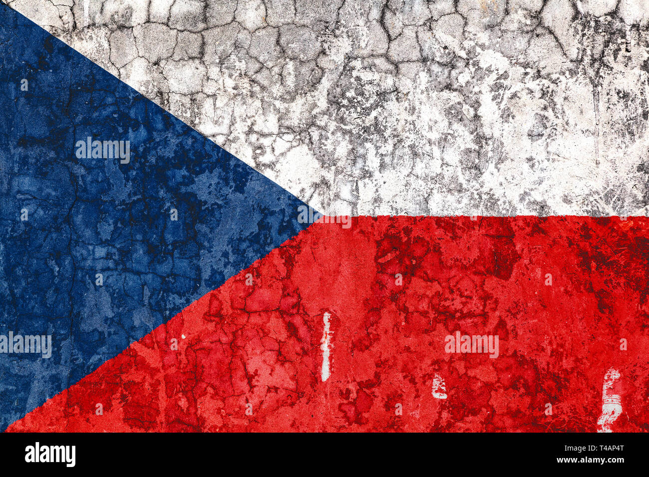 National flag of Czech on the background of the old wall covered with ...