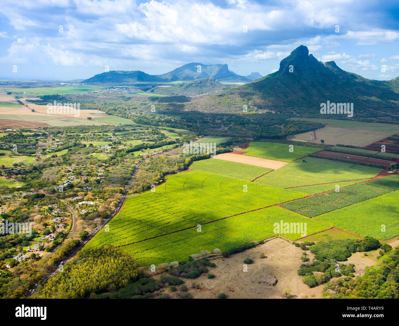 Aerial view of Mauritius island panoramic landscape with green fields ...