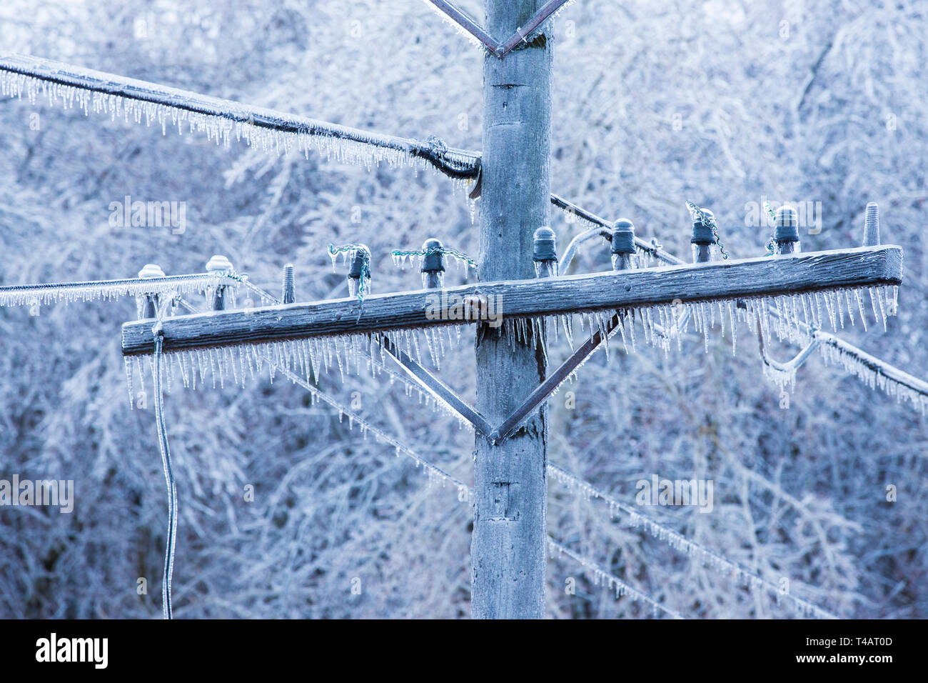 freezing rain on electric pole and wire, Montreal, 9 April, 2019 Stock ...