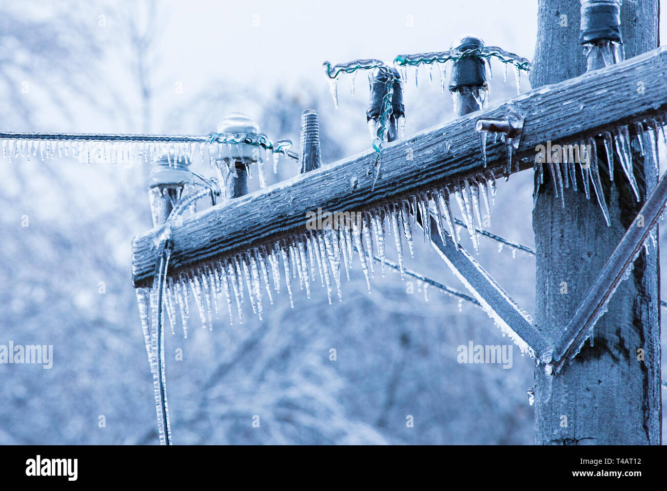 freezing rain on electric pole and wire, Montreal, 9 April, 2019 Stock ...