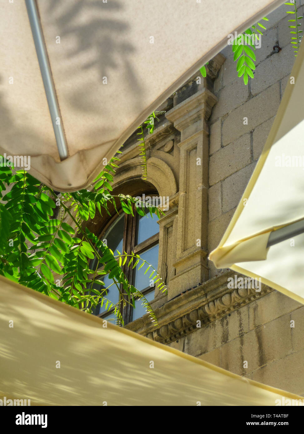 Window in Barcelona viewed through parasols Stock Photo - Alamy