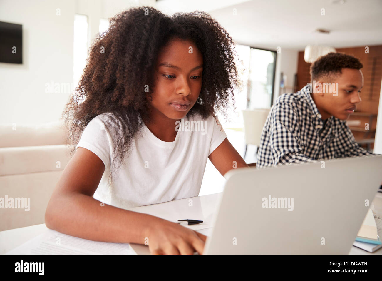Teenage sister and brother doing homework using laptop computers,close ...