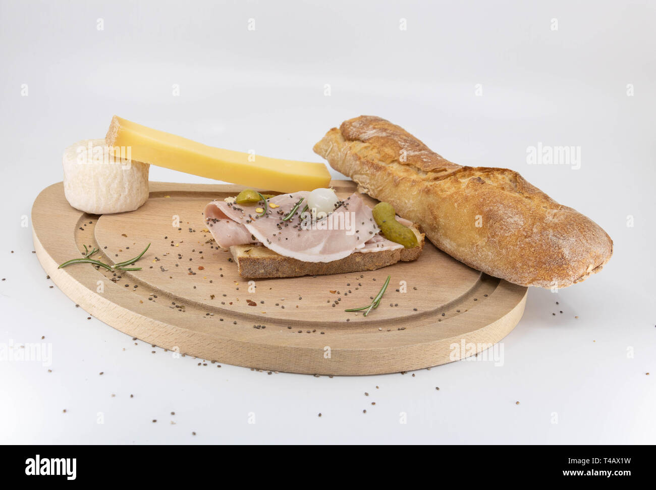 French snacks: baguette, farmhouse cheese and deli sandwich Stock Photo ...