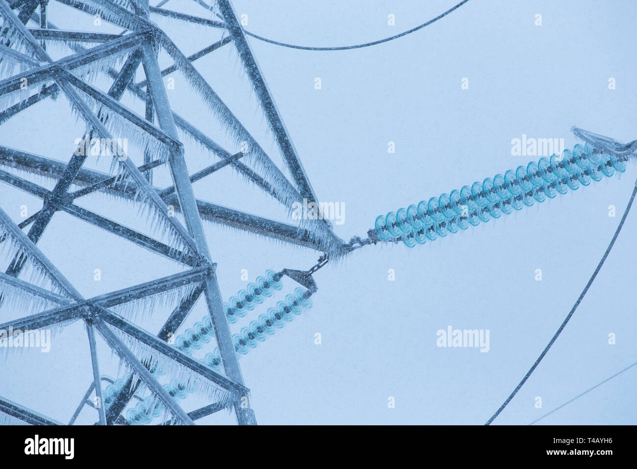 freezing rain on electric pole and wire, Montreal, 9 April, 2019 Stock ...