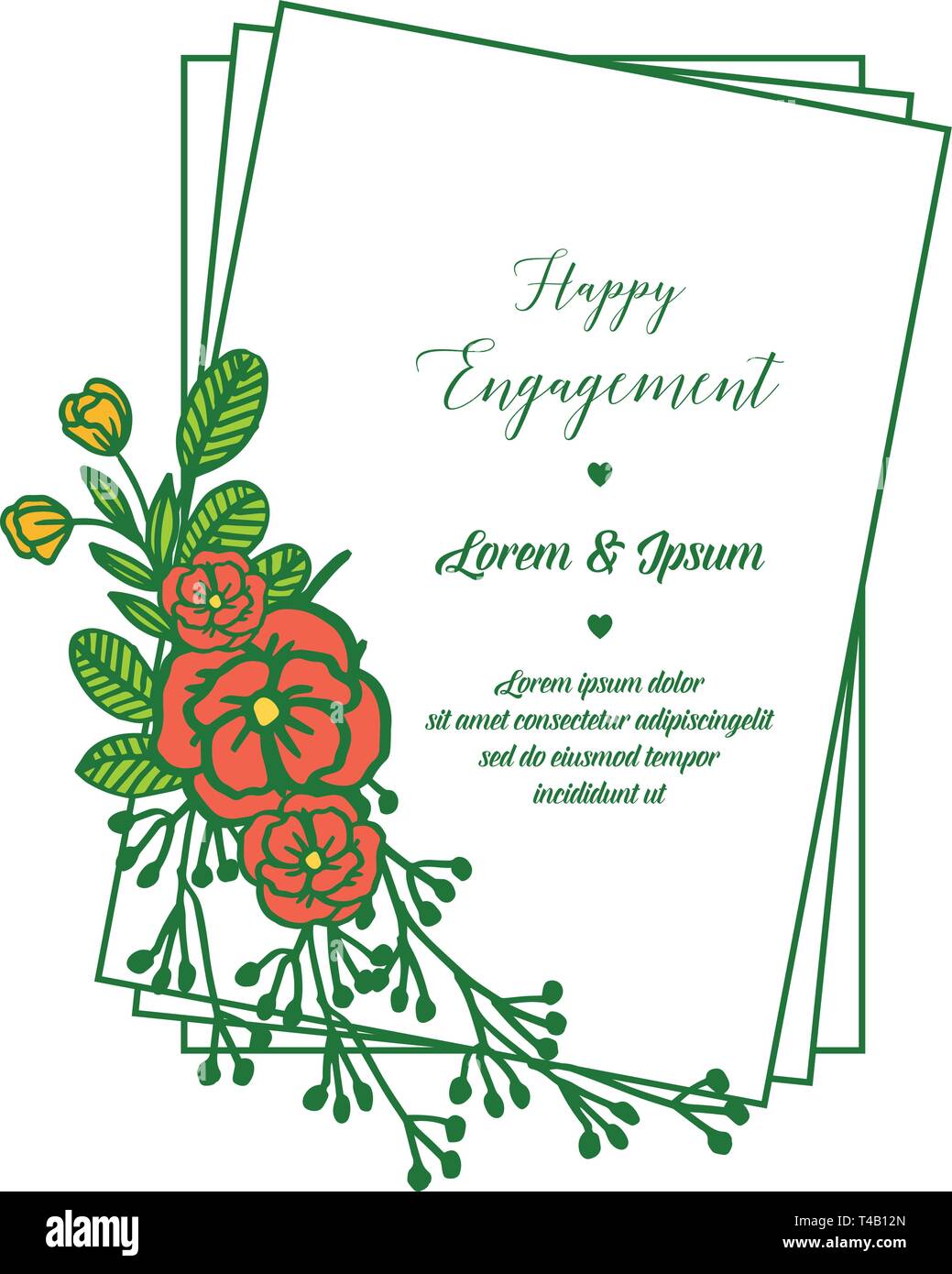 Vector illustration writing of happy engagement with floral frame ...