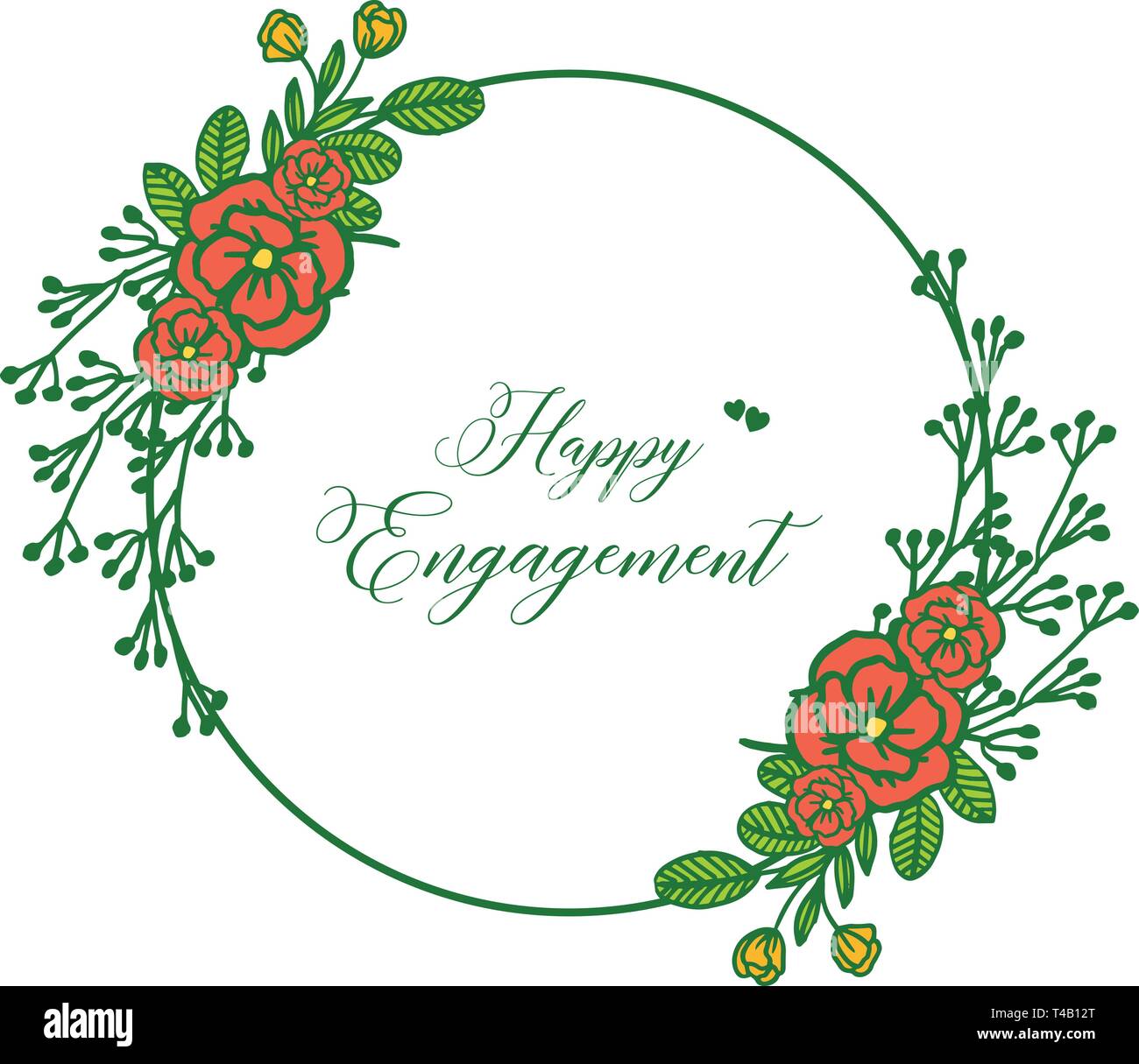 Vector illustration writing of happy engagement with floral frame ...