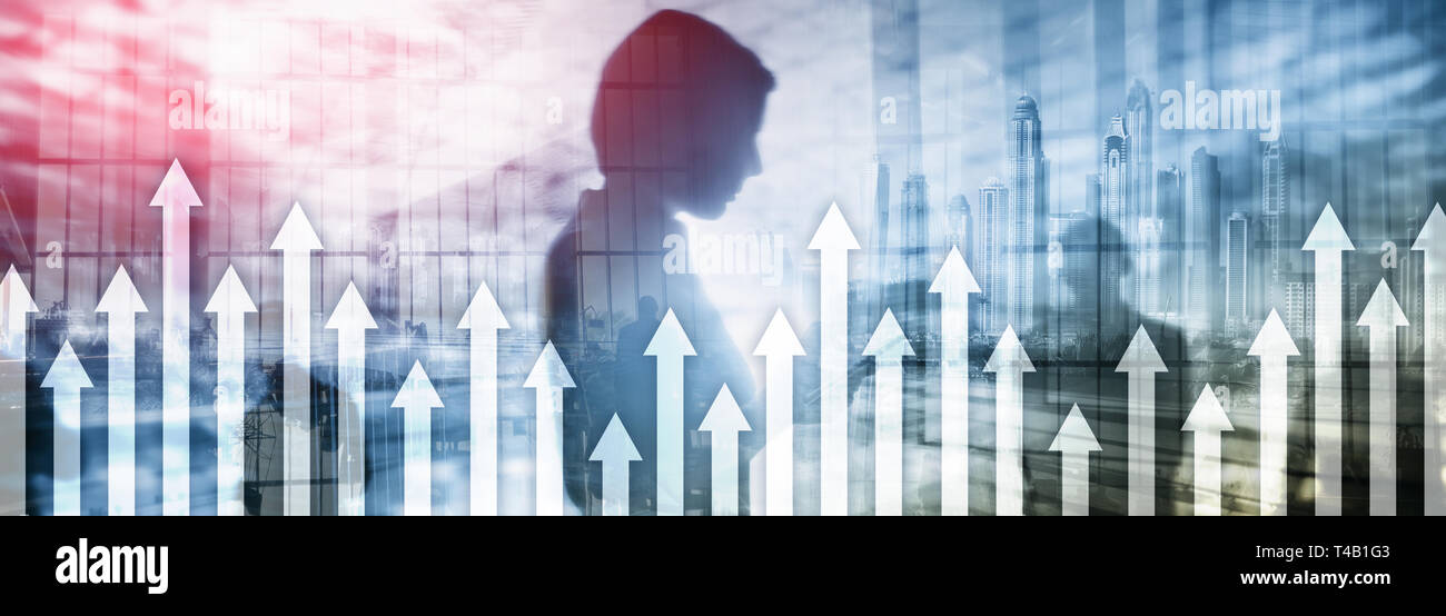 Up arrow graph on skyscraper background. Invesment and financial growth ...