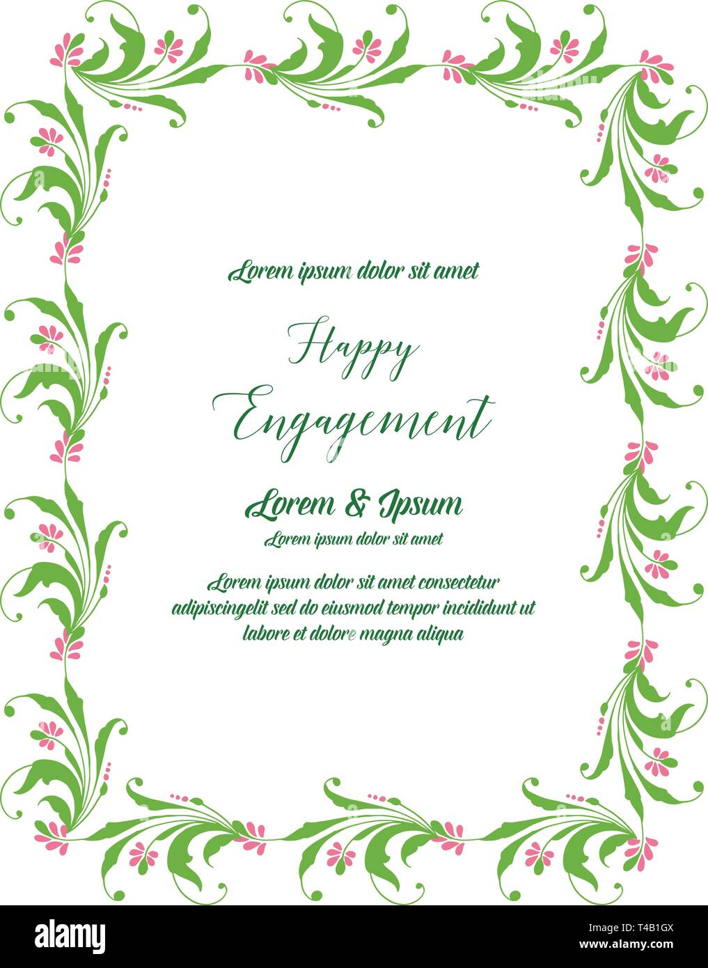 Vector illustration writing of happy engagement with ornate of floral ...