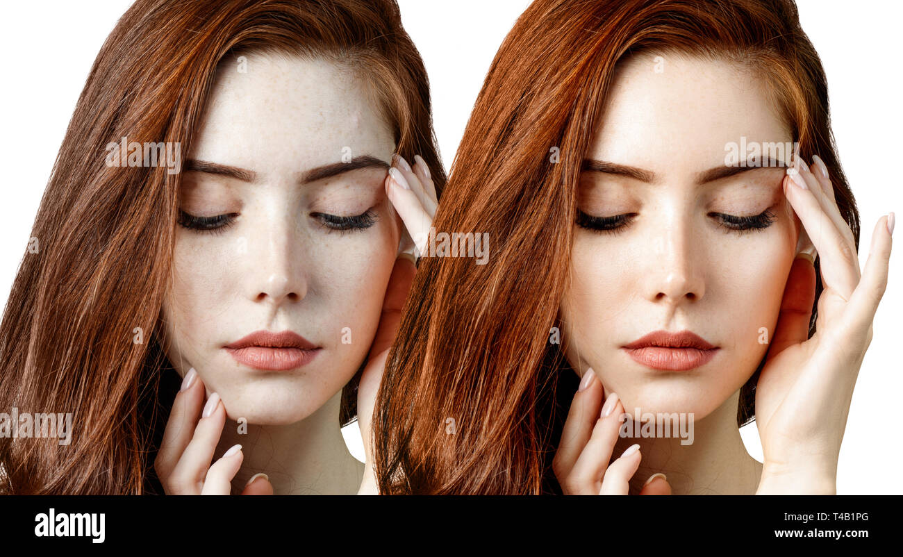 Comparison portrait of young woman before and after retouch Stock Photo ...