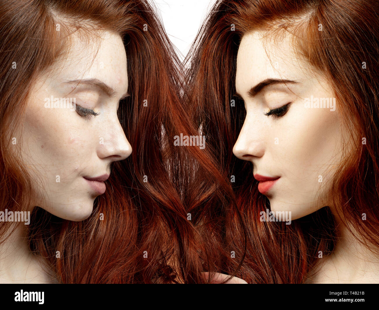 Comparison portrait of young woman before and after makeup Stock Photo ...
