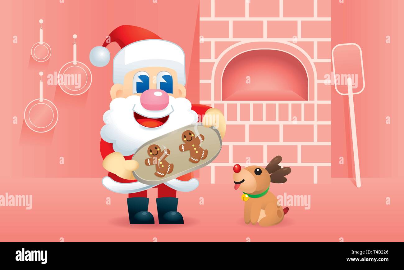 A cute Santa is baking gingerbread man, with kitchen background. Vector ...