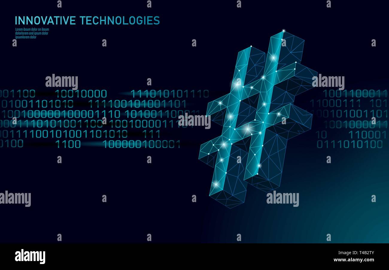 3D hashtag symbol dark blue glowing low poly. Communication online ...