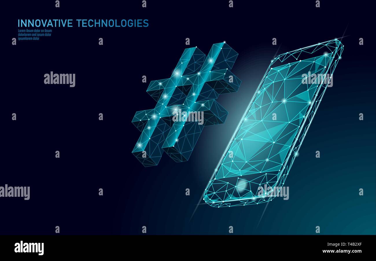 3D hashtag symbol dark blue glowing low poly. Communication online ...