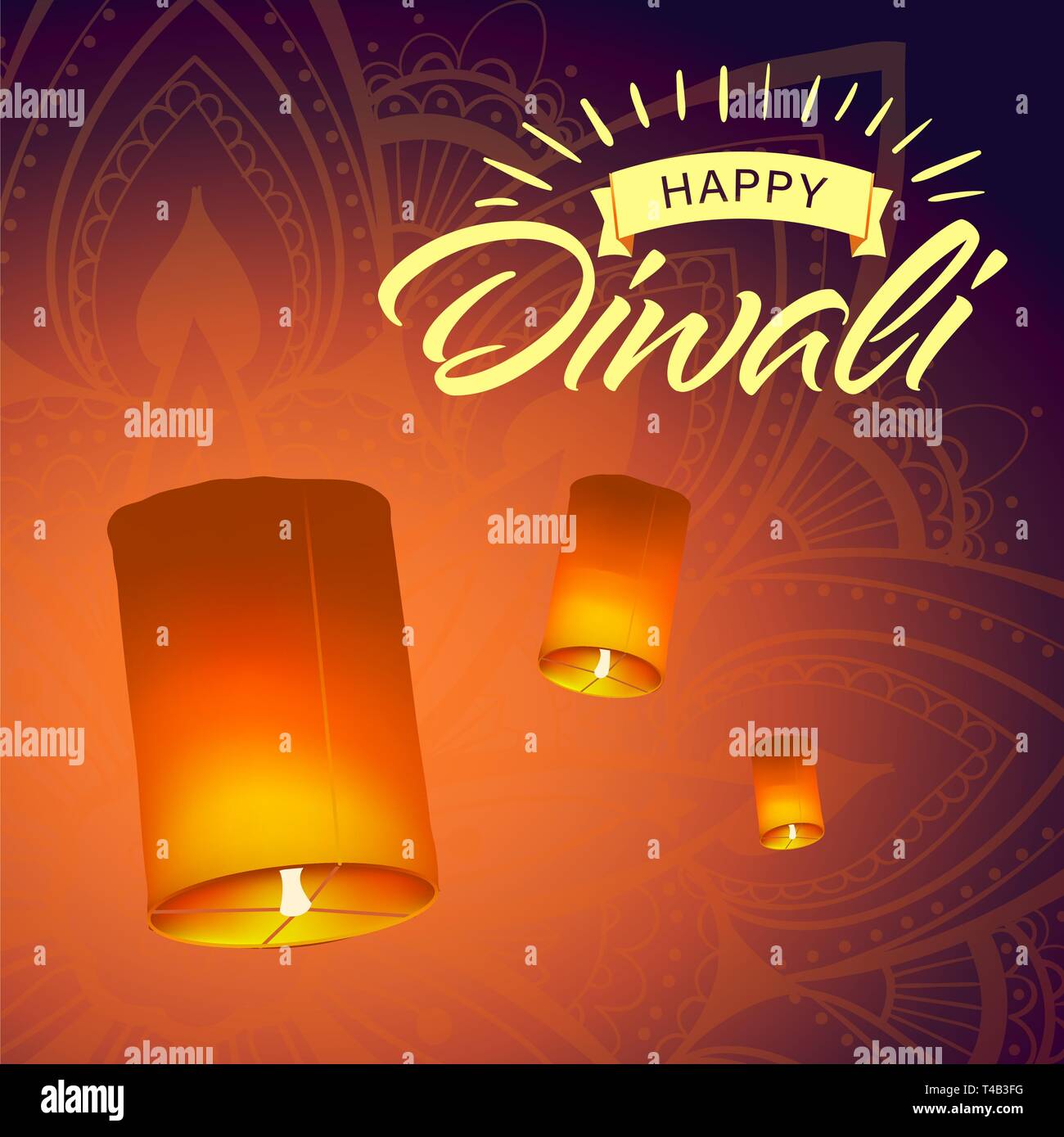 Post card for Diwali festival with realistic sky lanterns and mandala ...