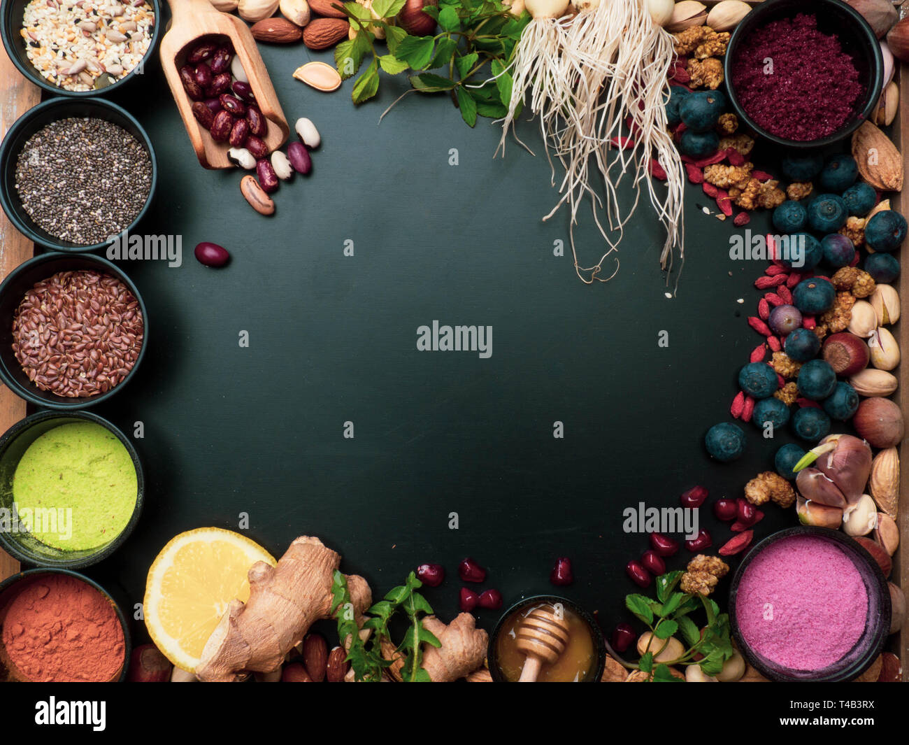 Super food selection. Various super foods and healthy foods, copy space ...