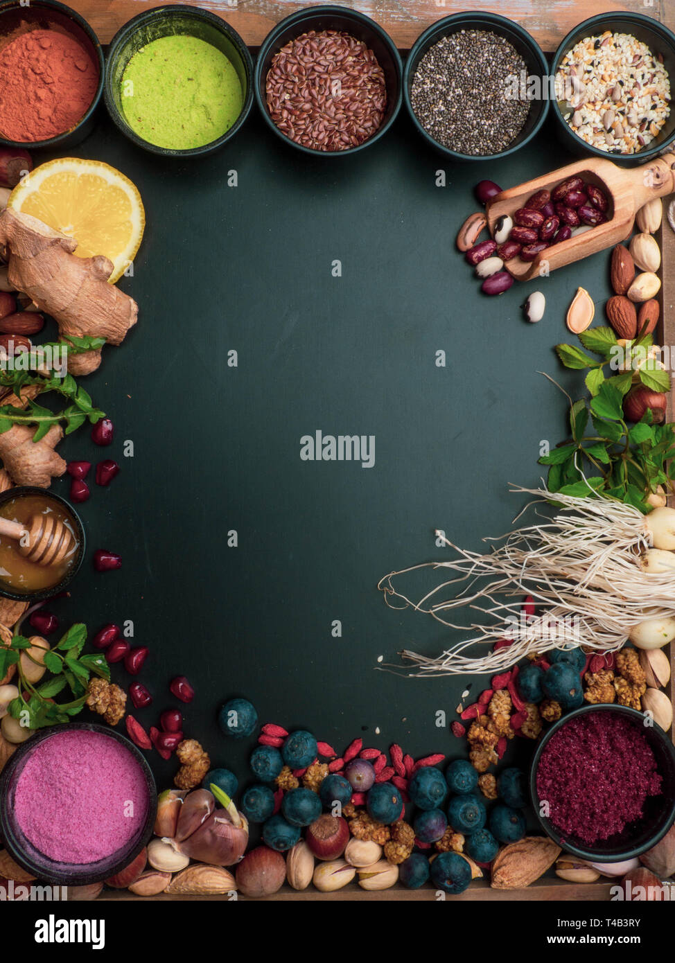 Super food selection. Various super foods and healthy foods, copy space ...