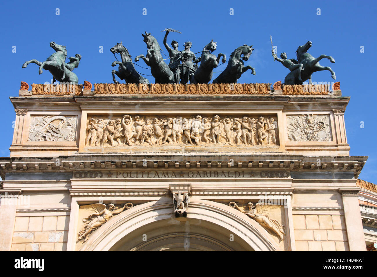 Palermo, Sicily island in Italy. Statue atop Teatro Politeama opera ...